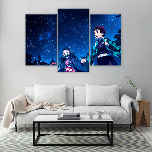 Модульная картина на холсте/Танджиро с Незуко и звёздное небо 120х80
