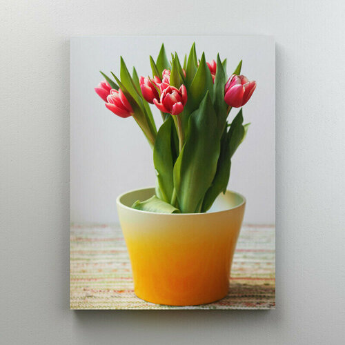 Интерьерная картина на холсте "Цветы - тюльпаны в горшке" размер 22x30 см
