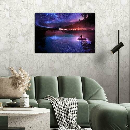 Картина на холсте 40x60 Альянс Лес "Лодка, река, одиночество, ночь" на подрамнике / интерьер/ декор