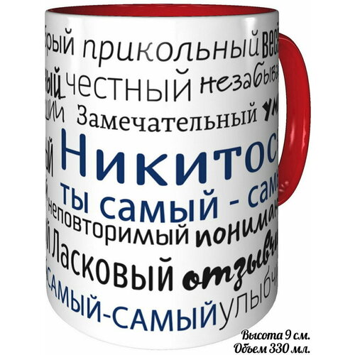 Кружка комплименты Никитос ты самый самый - с красной ручкой и красная внутри