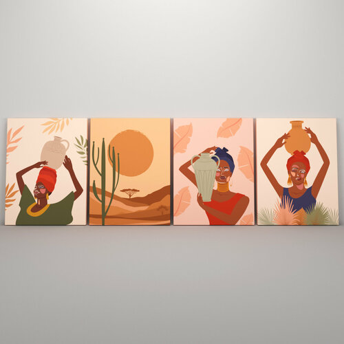 Набор интерьерных постеров (картин) "Африканские мотивы" на холсте с подрамником, размер 45х60 см, 4 шт.