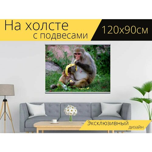 Картина на холсте "Мать обезьяны, детка, материнство" с подвесами 120х90 см. для интерьера
