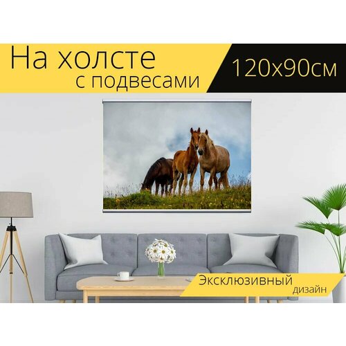 Картина на холсте "Лошади, животные, пастбище" с подвесами 120х90 см. для интерьера