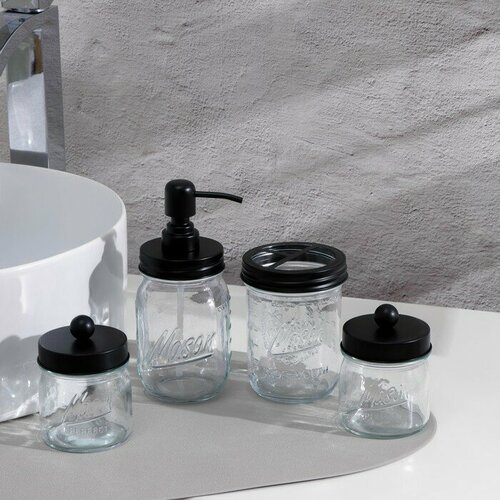 Набор аксесуаров для ванной, 4 предмета (дозатор, стакан для щёток, 2 банки), цвет чёрный