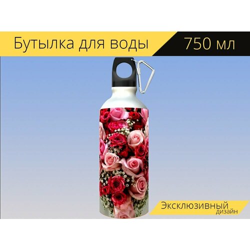 Бутылка фляга для воды "Розы, цветок, красная роза" 750 мл. с карабином и принтом