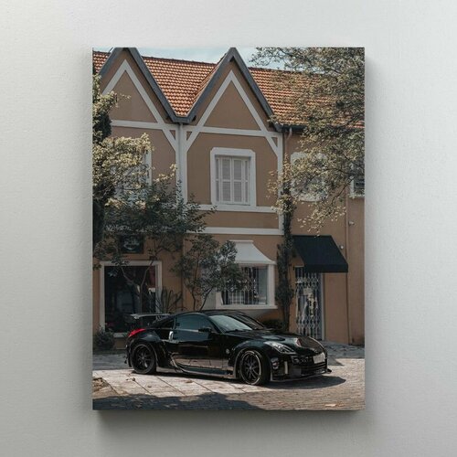 Интерьерная картина на холсте "Черный спорткар - Nissan 350Z на против дома" размер 45x60 см