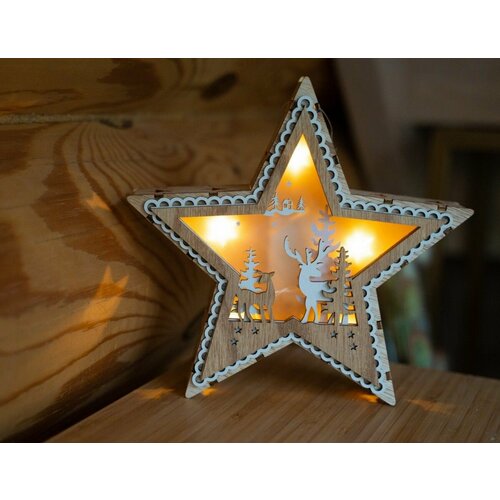 Светящаяся новогодняя декорация оленья звезда, дерево, тёплые белые LED-огни, 21 см, батарейки, Peha Magic