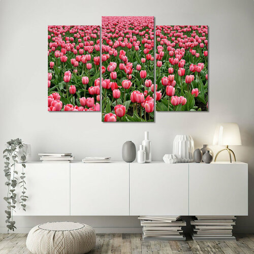 Модульная картина/Модульная картина на холсте/Модульная картина в подарок/ Поле с розовыми тюльпанами/Field with pink tulips 120х80