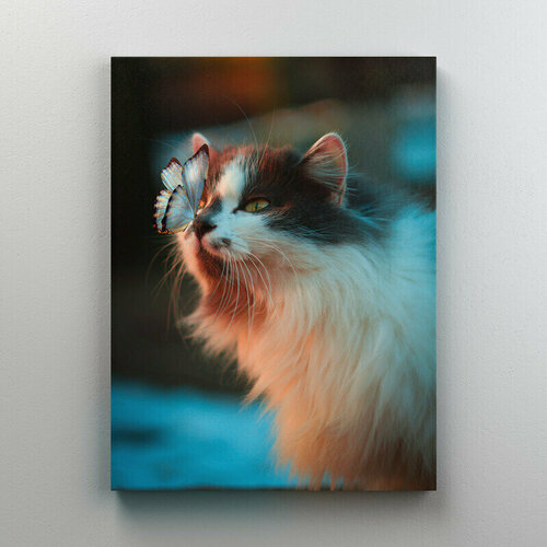 Интерьерная картина на холсте "Бабочка села на нос коту" размер 30x40 см