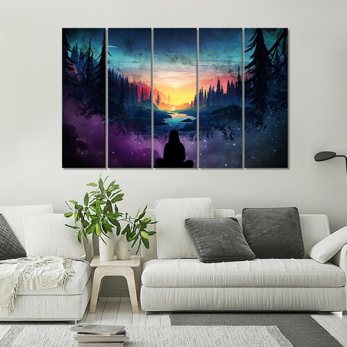 Модульная картина/Модульная картина на холсте/Модульная картина в подарок/Sunset forest with paints - Закатный лес красками 150х100