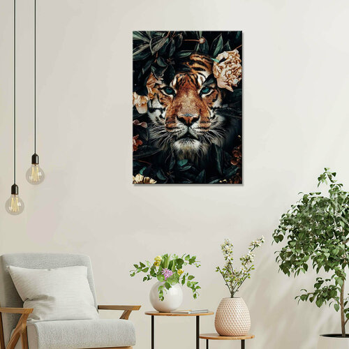 Интерьерная картина на холсте - тигр в пионах 20х30