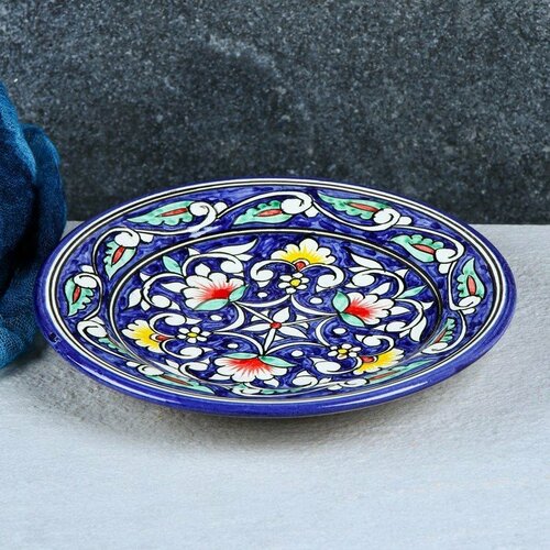 Тарелка Риштанская Керамика "Цветы", синяя, плоская, 17 см (комплект из 5 шт)