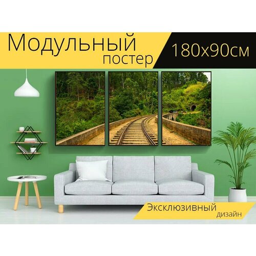Модульный постер "Железная дорога, лес, деревья" 180 x 90 см. для интерьера