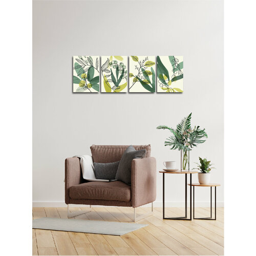 Набор из 4 25х35 см интерьерных картин на холсте / Зеленые цветы / Модульная картина / в кухню / в спальню / в гостиную / на стену