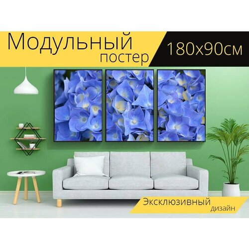 Модульный постер "Гортензия синий, сад, природа" 180 x 90 см. для интерьера