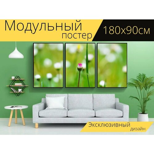 Модульный постер "Маргаритка, цветочный луг, трава" 180 x 90 см. для интерьера