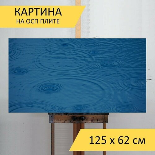 Картина на ОСП 125х62 см. "Бассейн, дождь, поверхность воды" горизонтальная, для интерьера, с креплениями