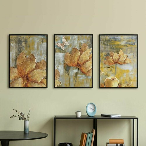 Постеры для интерьера "Золотые цветы", постеры на стену 30х40 см, 3 шт.