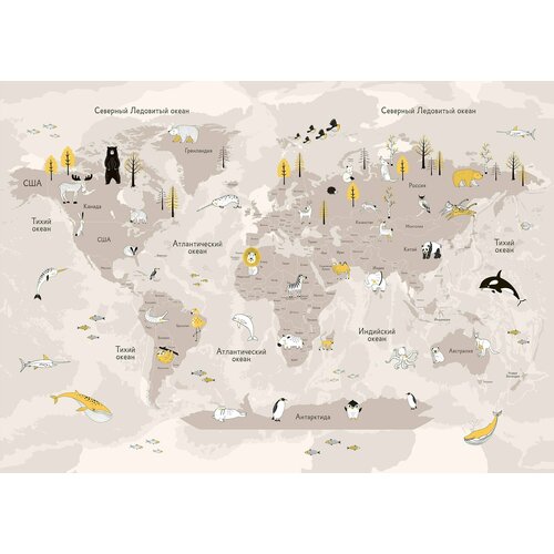 Плакат 150х100см. декоративный, бумажный. Детская карта мира с животными на русском языке.