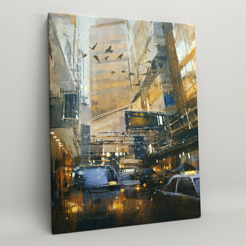 Картина на холсте (интерьерный постер) "Дождливый день - пробка на улице - арт", с деревянным подрамником, размер 22x30 см
