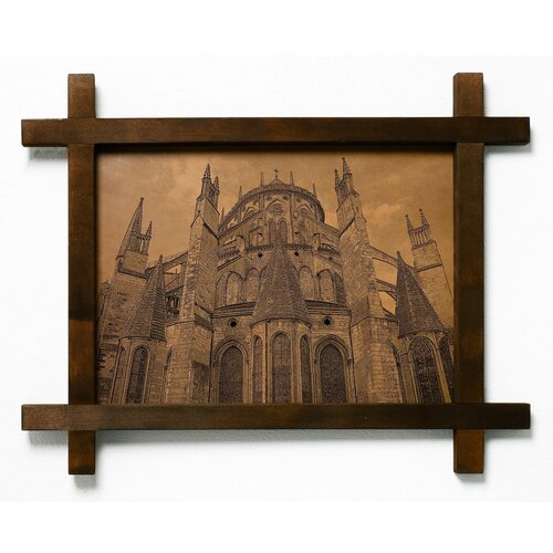 Картина Буржский собор, Франция, гравировка на натуральной коже, интерьерная для украшения и декора на стену в деревянной раме, подарок, BoomGift