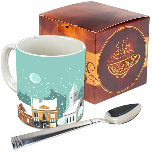 Кружка с ложкой в подарочной коробке "Зимняя кружка", классическая, для чая и кофе, керамика, 330 мл