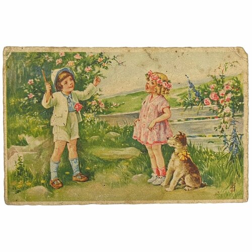 Почтовая открытка "Мальчик, девочка и собака" 1920-1940 гг. Германия