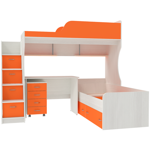 Двухъярусная кровать Дуэт-5 с лестницей комодом Белое Дерево Оранжевый