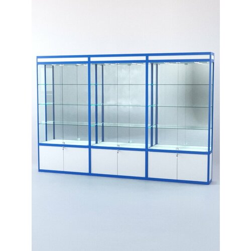 Витрина "прямоугольная" №1-3м-300-3 (задняя стенка - зеркало), Белый + Делфт голубой 300 x 30 x 200 см
