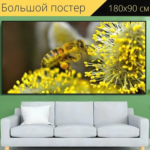 Большой постер "Природа, пчела, цветочная пыльца" 180 x 90 см. для интерьера