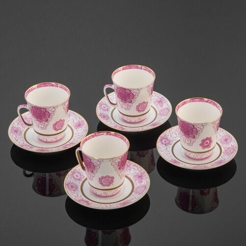 Набор из 4 кофейных пар с цветочным орнаментом в розовой гамме, фарфор, деколь