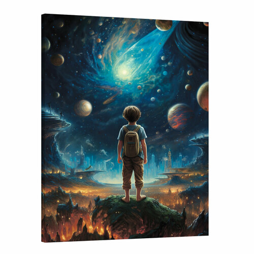 Интерьерная картина 50х70 "Мальчик и его фантастический мир: картина для мечтателей"