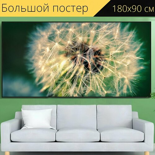 Большой постер "Одуванчик, семена, цветочная пыльца" 180 x 90 см. для интерьера