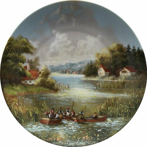 Отплытие рыбаков, винтажная декоративная настенная тарелка из коллекции "Идиллия деревенской жизни" Кристиана Люкеля
