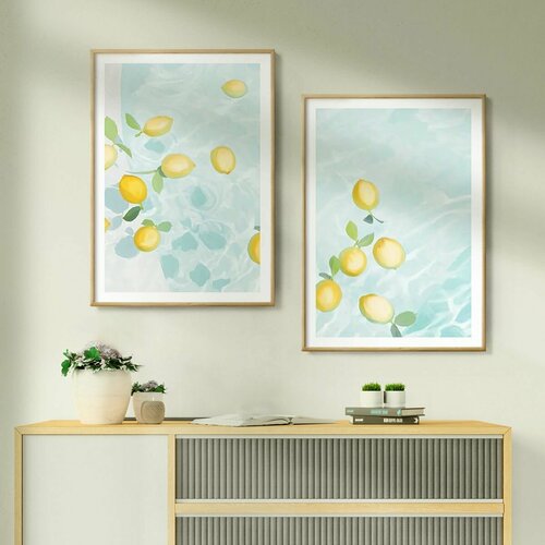 Плакат Постер 2 шт 50х70 без рамки "Репродукция лимоны в воде" набор картин для интерьера