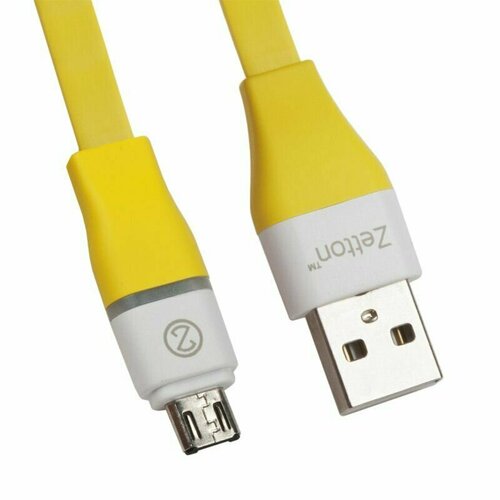 USB кабель Zetton Flat для зарядки, передачи данных, MicroUSB, 2.4А, LED, 1 метр, плоский кабель, желтый