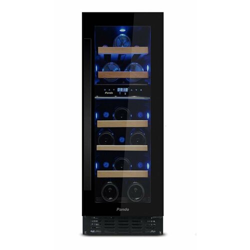 Встраиваемый винный шкаф Pando PVZB 30-16 CRR, черное стекло, ширина 30 см, правый дверной упор, голубое LED-освещение, вместимость 16 бутылок