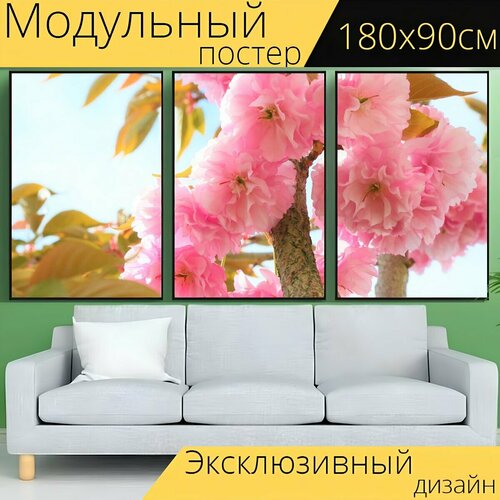 Модульный постер "Цветы, весна, дерево" 180 x 90 см. для интерьера