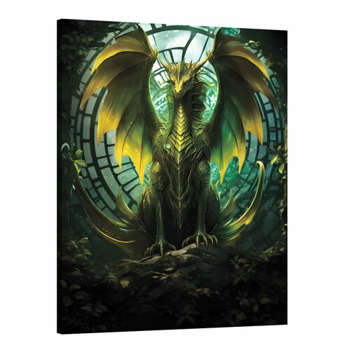 Интерьерная картина 50х70 "Зеленый дракон: страж древних знаний"