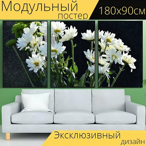 Модульный постер "Белая хризантема, цветущий, ваза" 180 x 90 см. для интерьера