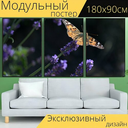Модульный постер "Бабочка, лаванда, флюгер" 180 x 90 см. для интерьера