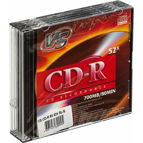 Носители информации CD-R, 52x, VS, Slim/5, VSCDRSL501