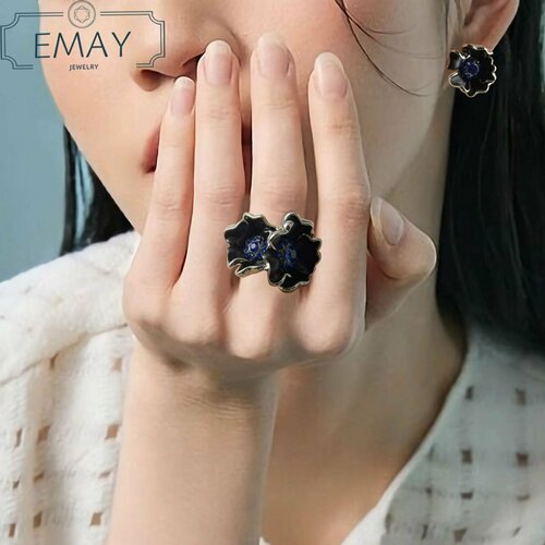 Кольцо Emay, искусственный камень, фианит, размер 20, черный, синий