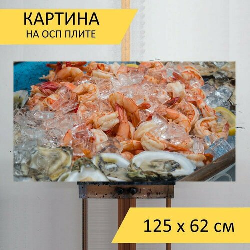 Картина на ОСП 125х62 см. "Креветка, моллюски, лед" горизонтальная, для интерьера, с креплениями