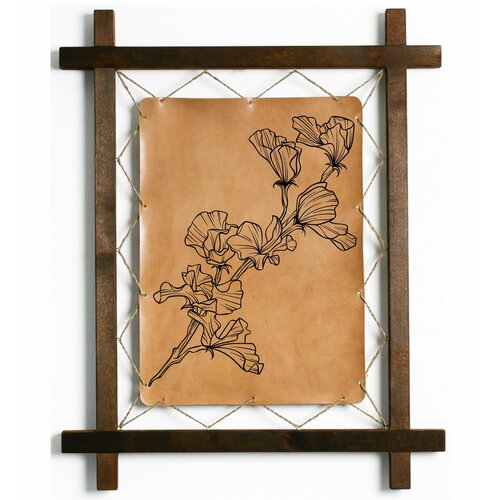 Картина Гинкго, гравировка на натуральной коже, интерьерная для украшения и декора на стену в деревянной раме, подарок, BoomGift