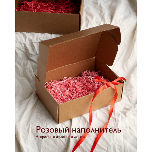 Коробка для подарка крафтовая с наполнителем и лентой, розовый