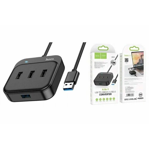 Адаптер USB Hoco HB35 100 Mbps Ethernet (USB3.0*3+RJ45, 1,2 м) Черный