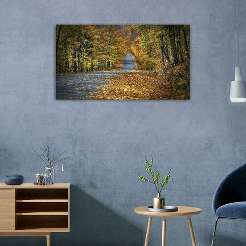 Картина на холсте 60x110 LinxOne "Дорога лес осень" интерьерная для дома / на стену / на кухню / с подрамником