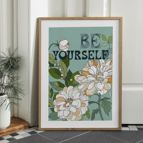 Постер интерьерный с цветами и надписью BE YOURSELF, 40х60 см, без рамы
