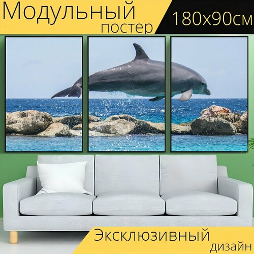 Модульный постер "Дельфин, аквариум, прыжки" 180 x 90 см. для интерьера